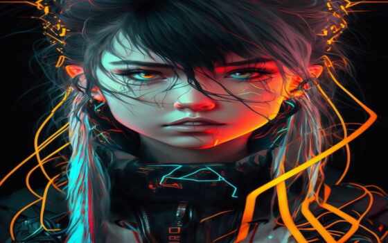 Wallpaper a woman with long hair and neon lights on her face, section ...